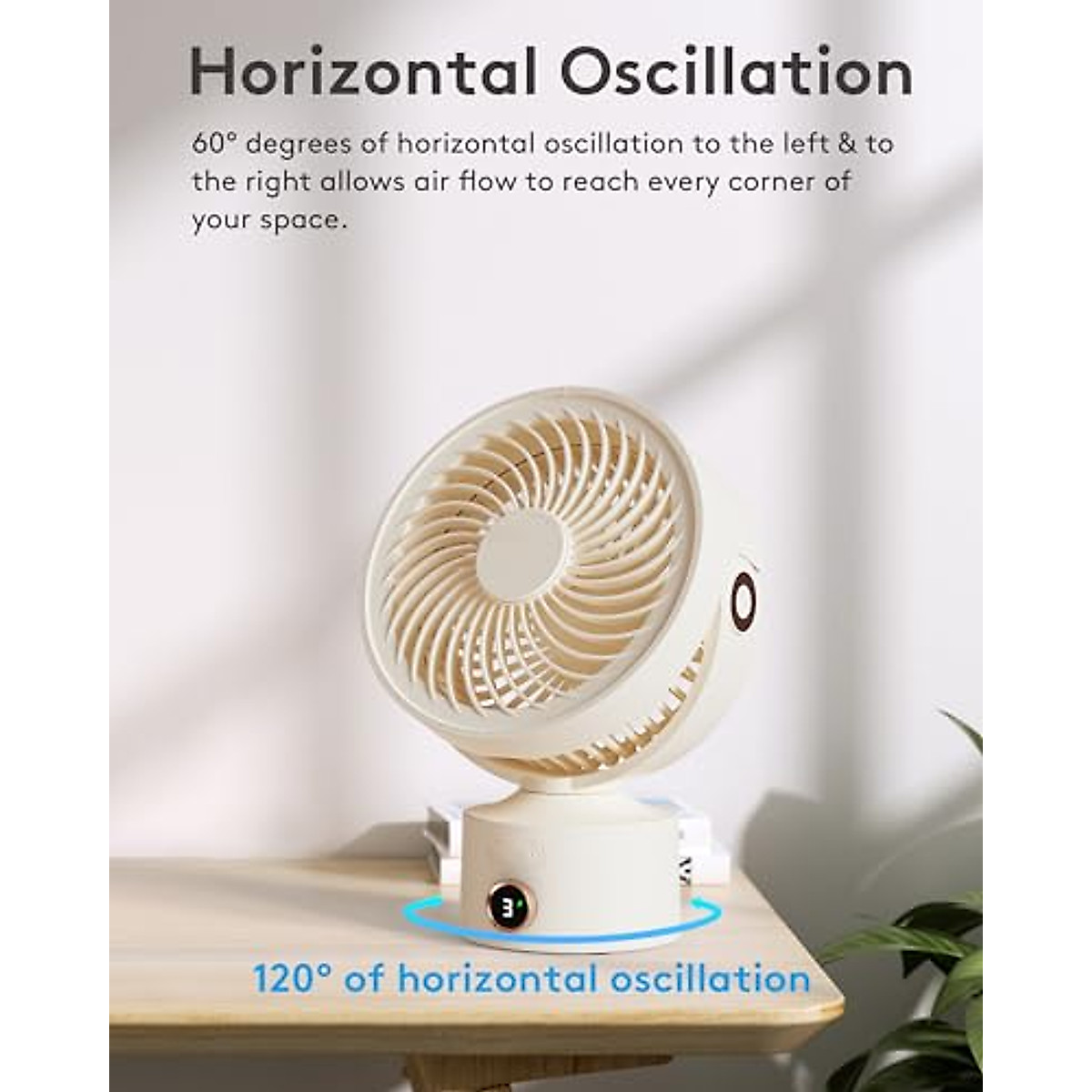 CARONSORT Desk Fan, Small Oscillating Fan for Bedroom, 9 Inch Table Fans Quiet,Desk Air Circulator Fan with 3 Speeds, 4H Time, Rechargeable Fan for Office/Dorm/Room-Beige