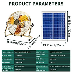 CYBERDAX 14 Inch Portable Golden All Metal Made Table Fan, Wireless Rechargeable Fan with Solar Panel Powered and AC Charger Dual Input for Indoor Housing, Office, Camping, Fishing Outdoors