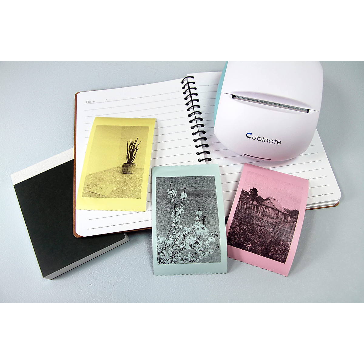 Cubinote Home Thermal Printer | No Ink Printer | Note and Label Pocket Printer | Black/White Mini Picture and Note Printer - Value Pack with 3 Colored Mini-Rolls (Blue, Pink & Yellow) (Grey)