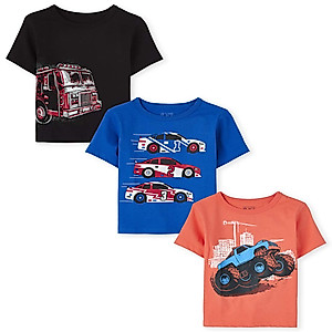 The Children's Place 2T Baby Boys' & Toddler Girls' 3-Pack Graphic T-Shirts - Firetruck, Race Car, Monster Truck