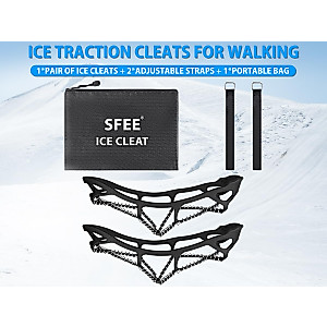 Sfee Ice Cleats Ice Grippers for Shoes and Boots, Crampons Traction Cleats for Walking on Snow and Ice Anti-Slip Flexible Footwear Snow Grips for Walking Climbing Hiking Jogging with 2 Straps