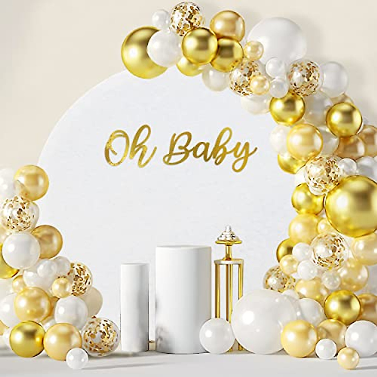 Bxsif White Backdrop Round Cover - 7.2x7.2FT White Round Backdrop with 2PCS Clips Oh Baby Happy Birthday Stickers Photography Background for Wedding Baby Birthday Party Decoration.