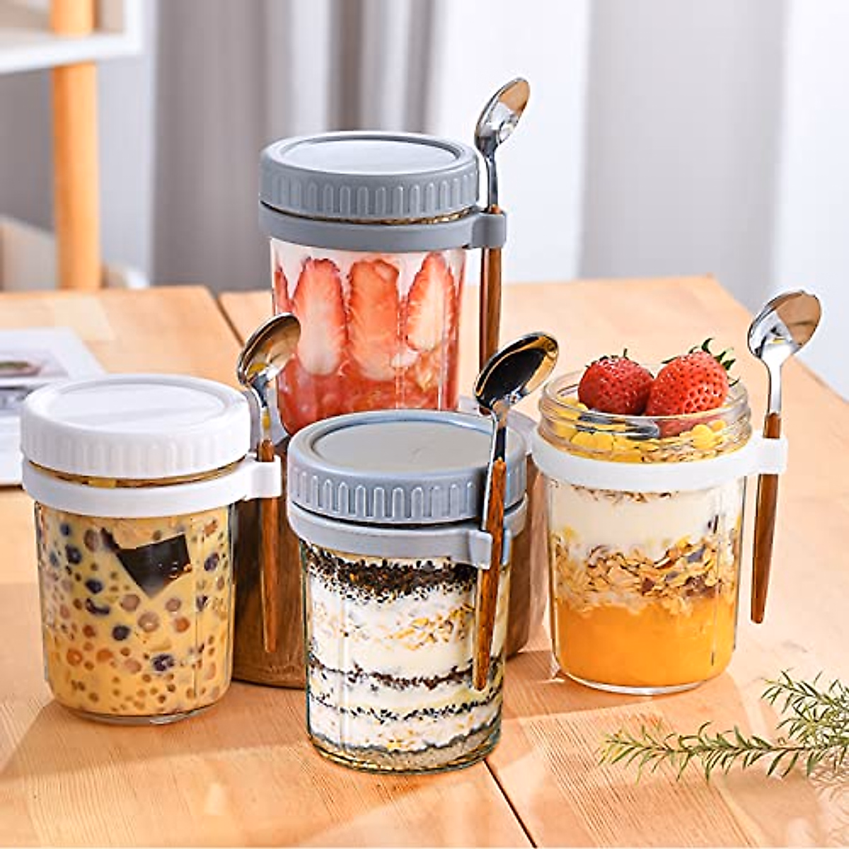 Overnight Oats Containers with Lids and Spoon, 4 Pack Mason Jars for Overnight Oats, 16 Oz Overnight Oats Jars Glass Oatmeal Container to Go for Chia Pudding Yogurt Salad Cereal Meal Prep Jars (White x 2,Grey x 2)