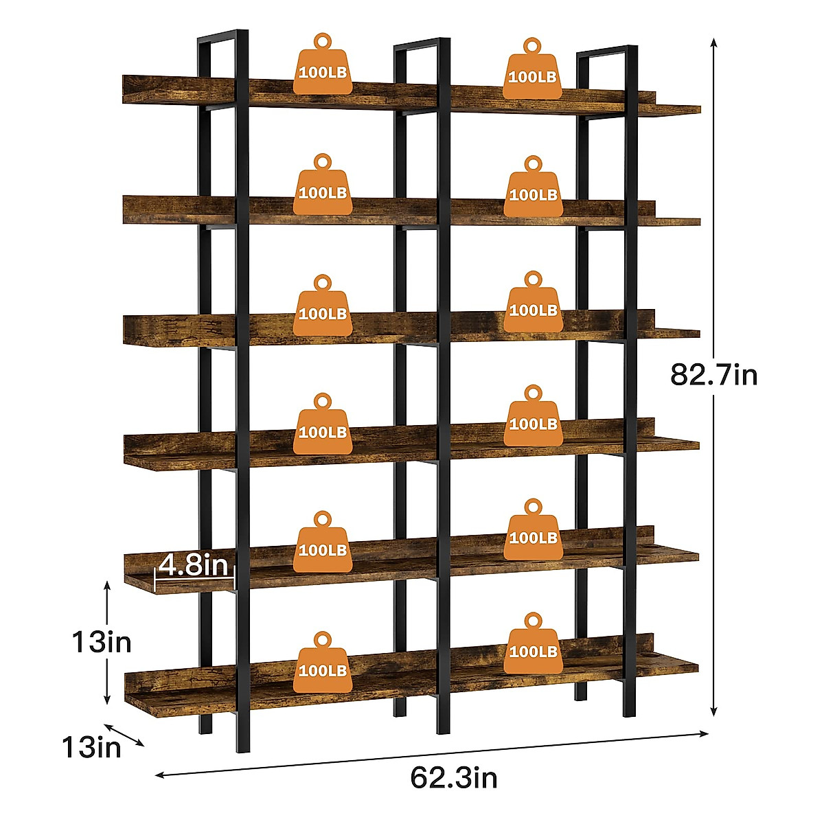 FRAPOW 83Inch Industrial Bookshelf and Bookcase, Double Wide 6 Tier Large Vintage Book Shelf with Metal Frame Open Bookshelves for Living Room Home Office