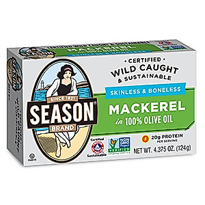 Season Mackerel in Olive Oil – Skinless & Boneless, Wild Caught, Keto Snacks, Canned Mackerel Fillets, Full of Vitamins, Low in Mercury, Kosher, Non-GMO, 20g of Protein – 4.37 Oz, 12-Pack