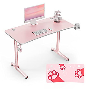 EUREKA ERGONOMIC 47 Inch Pink Computer Gaming Desk,Curved Edge Home Office Gaming Table Study Writing Desk W Full Mouse Pad Cup Holder Headphone Hook Controller Stand Gift for Girls