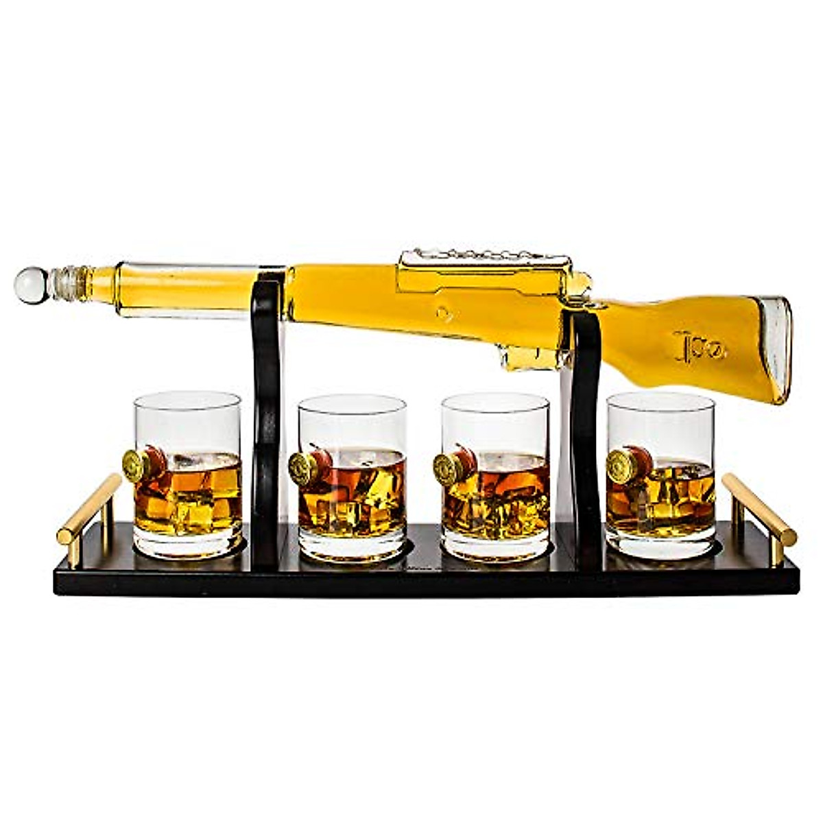 Shotgun Gun Large Whiskey & Wine Decanter Set Bullet Glasses - Limited Edition Elegant Rifle Gun Whiskey Decanter 22.5" With 4 Shotgun Bullet Whiskey Glasses and Mohogany Wooden Base The Wine Savant