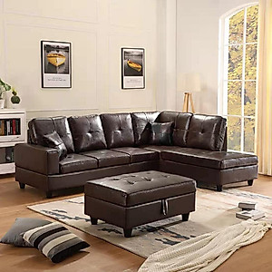 GINGVAT Faux Leather Sectional Sofa Furniture Set, L-Shape Couch with Right Chaise, Storage Ottoman and 2 Pillows for Apartment Home Hotel，Easy Assembly Required,Brown