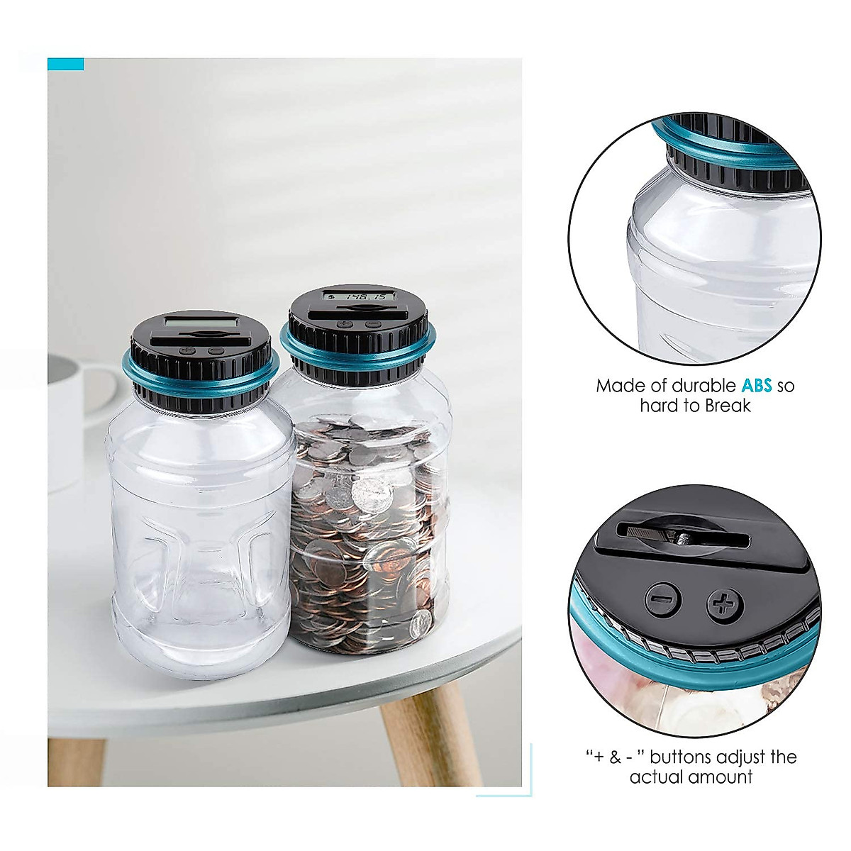 Large Piggy Bank for Boys Adults, Vcertcpl Digital Coin Counting Bank with LCD Counter, 1.8L Capacity Coin Bank Money Jar for Adults, Designed for All US Coins (Blue)