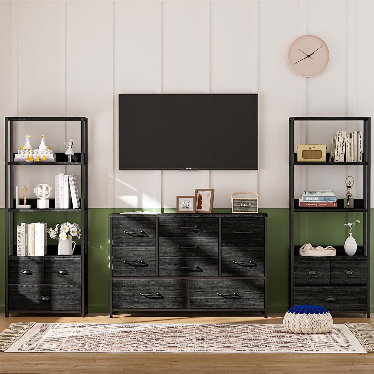 Furnulem Bookshelf with 3 Fabric Drawers and 4-Tier Shelves, 59" Tall Bookcase Storage Rack, Freestanding Shelf Organizer Unit for Office,Living Room,Kitchen,Bedroom(Black Oak)