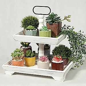 Dugunusu Farmhouse Two Tiered Tray Stand, Rectangle Rustic Wood Two Tiered Tray, Wooden Cake Stand Kitchen Tiered Tray, Decor Serving Tray for Home Farmhouse Décor (White)