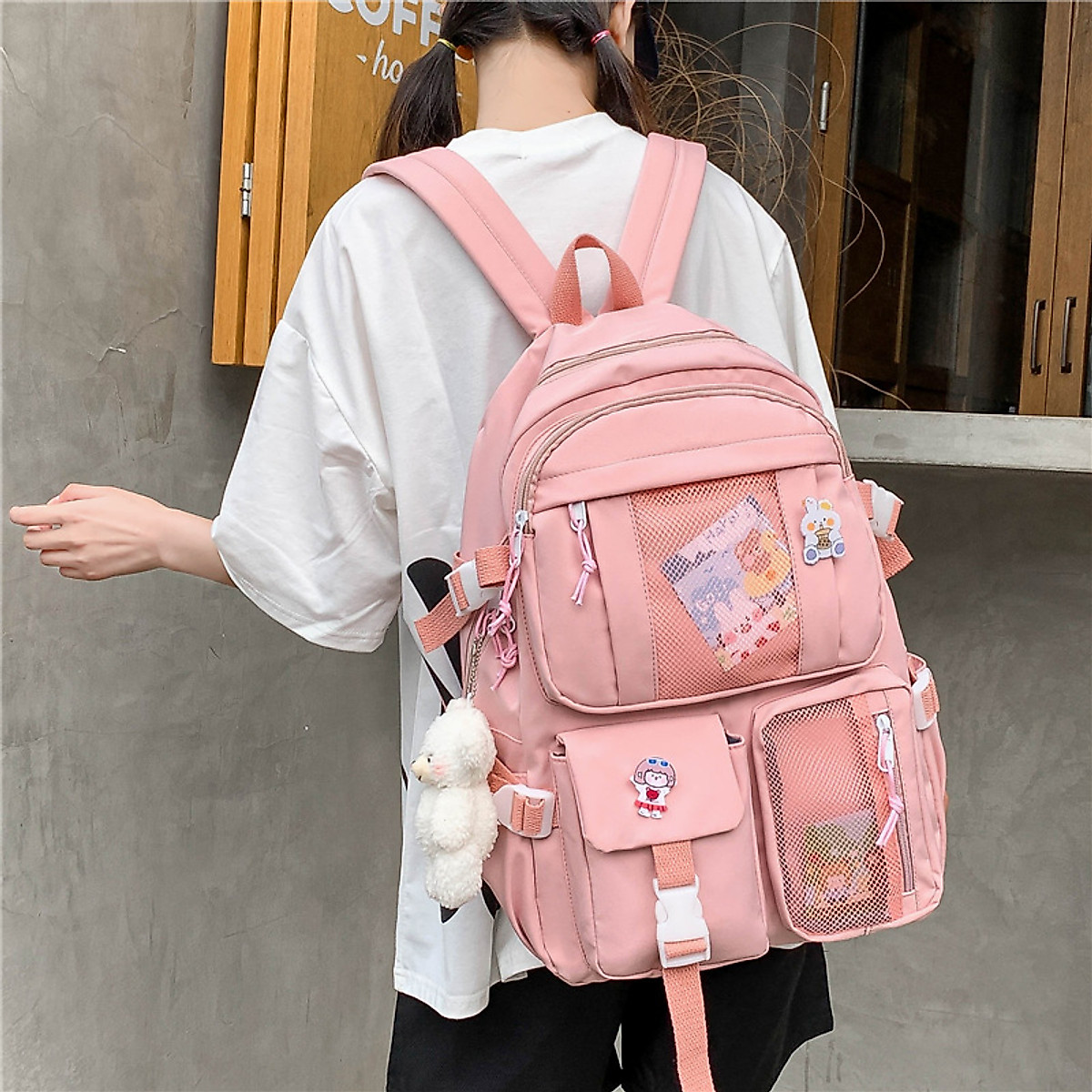 Kawaii Backpack with Pins and Pendant Accessories Cute College High School Backpack Laptop Bookbags for Teens Girls (Pink)