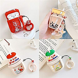 Rertnocnf Compatible with Earbuds Case Airpods 1 & 2, Creative 3D Quickstand Moving Bling Glitter Pearl Milk Tea Cup Cute Soft Silicone Protective Wireless Earphone Charging Case Decoration