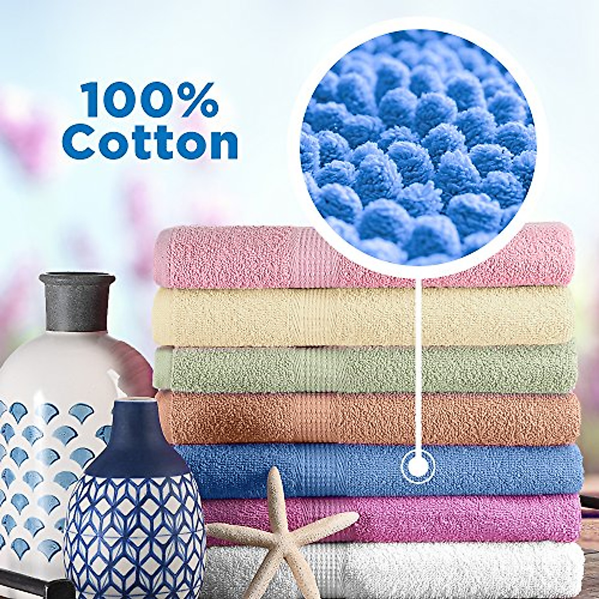 CrystalTowels Bath Towel Set Pack of 7 (27 x 52 Inches) 100% Cotton, Ultra Soft Highly Absorbent Bath Towel, Lightweight and Quick Drying Towels, Multi Colors Brights.