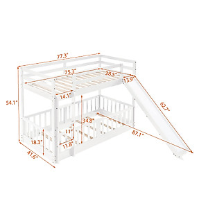 Bellemave Twin Over Twin Floor Bunk Bed with Slide and Ladder, Low Bunk Bed for Kids, Girls, Boys, Removable Fence, Bunk Bed with Slide, White