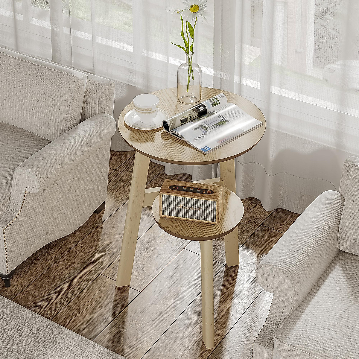 ChooChoo Round End Table Set of 2, Narrow Side Table for Small Spaces, Accent Table Night Stand with 2 Tier Shelf for Bedroom and Living Room, Natural