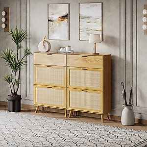 Buytime Natural Rattan Shoe Cabinet, Entryway Shoe Cabinet with 2 Flip Drawers and Hidden Cabinet, Boho Shoe Organizer Cabinet, Wooden Shoe Storage Cabinet for Entrance, Hallyway, Natural