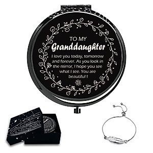 Calyders to My Granddaughter Cute Engraved Personalized Travel Pocket Makeup Mirror(Black), Compact Pocket Mirror & Leaf Bracelet Gifts Box for Granddaughter Birthday,Graduation from Grandpa Grandma