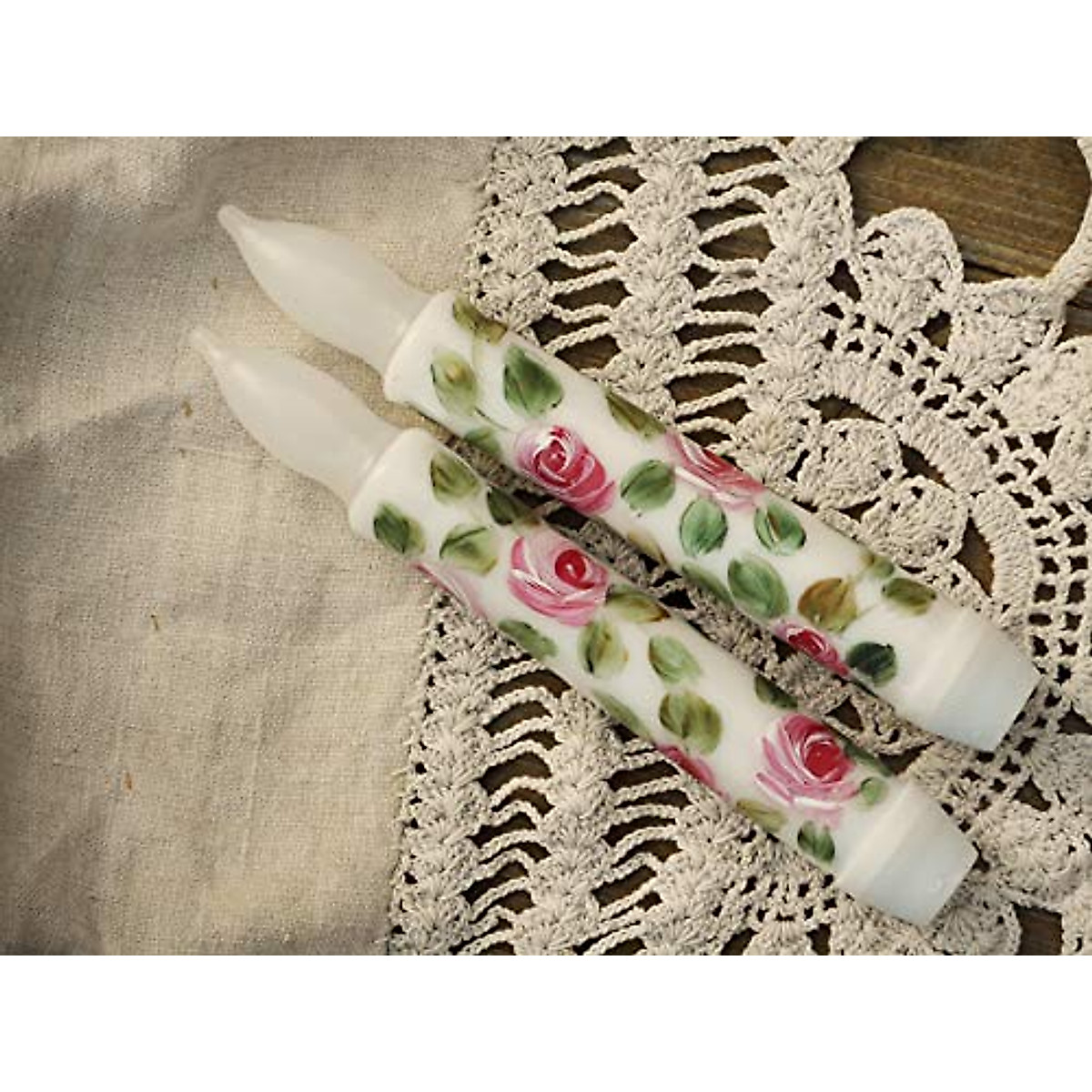 Romantic Decorative Battery Operated 6 Inch Short Flameless Taper Candles with Hand Painted Pink Roses Spring Decor