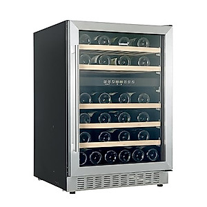 Everdure 46 Bottle Luxury Wine Cooler & Beverage Refrigerator, Built in or Free-Standing, Dual Zone, Stainless Steel with Reversible Glass Door, Beech Wood Shelves and LED Display Touchpad