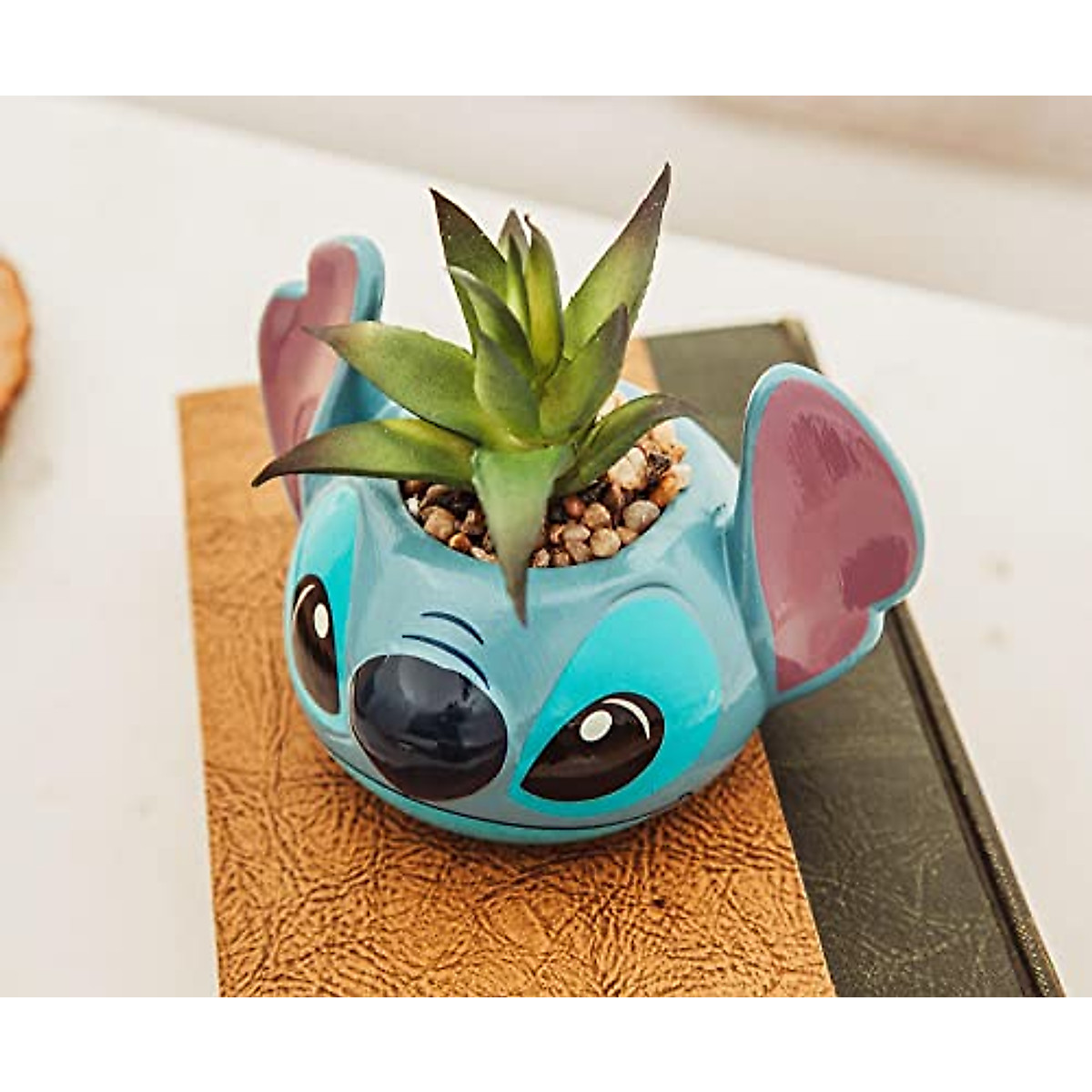 Disney Lilo & Stitch 3-Inch Ceramic Mini Planter with Artificial Succulent | Small Flower Pot, Faux Indoor Plants for Desk Shelf, Home Decor Trinket Tray and Collectibles (Blue, One Size)