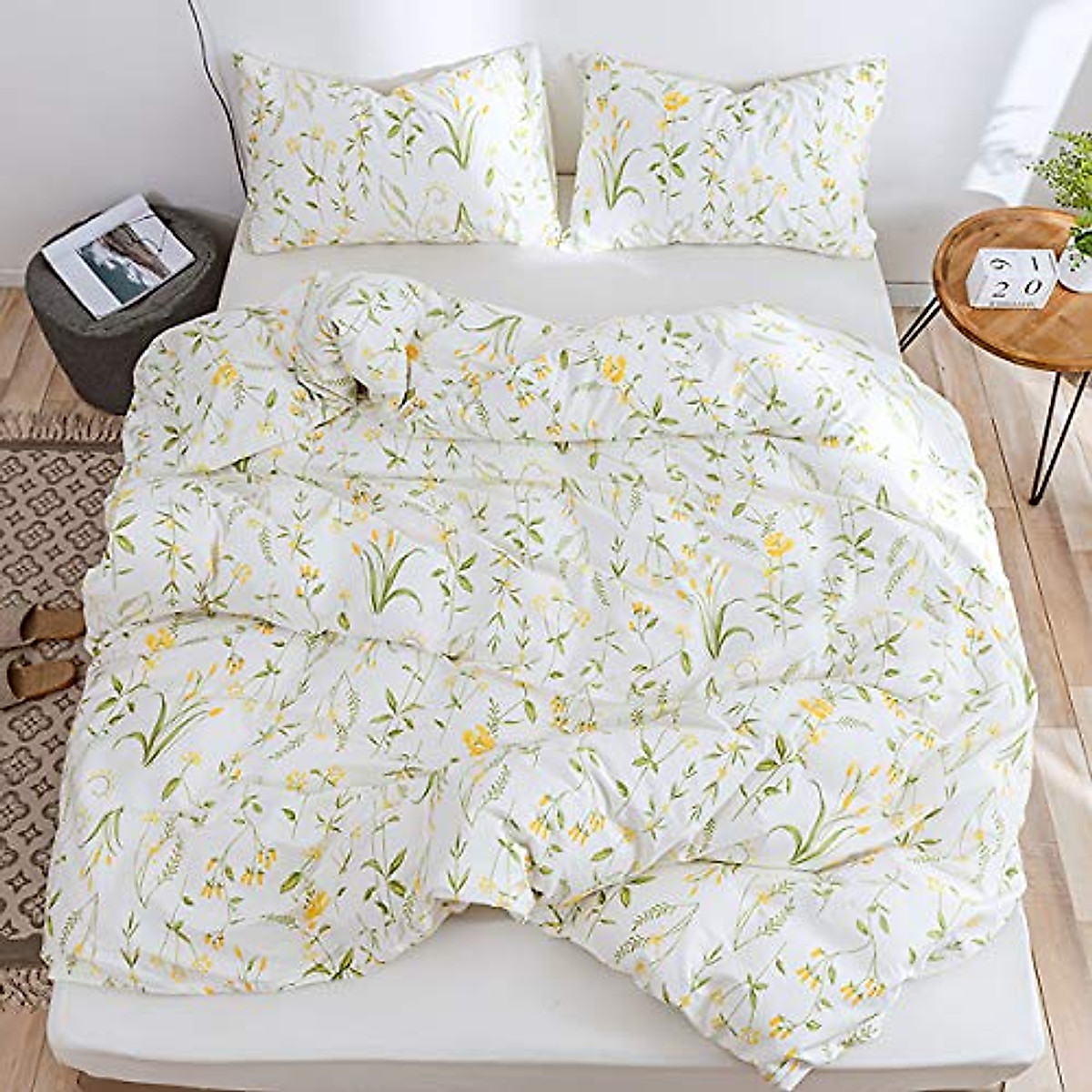 Lurson White Botanical Floral Duvet Cover Set Full Queen Size 100 Organic Cotton Boho Floral Bedding Set Yellow Green Flower Printed Reversible Comforter Quilt Cover Zipper Closure 3 Pieces (HH,Q)