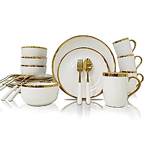 AXYWINBO® Dinnerware Sets,24-Piece Plates and Bowls Sets for 4,White Modern Porcelain Dish Set Contain Dinnerware & Accessories for Wedding and Housewarming Gifts