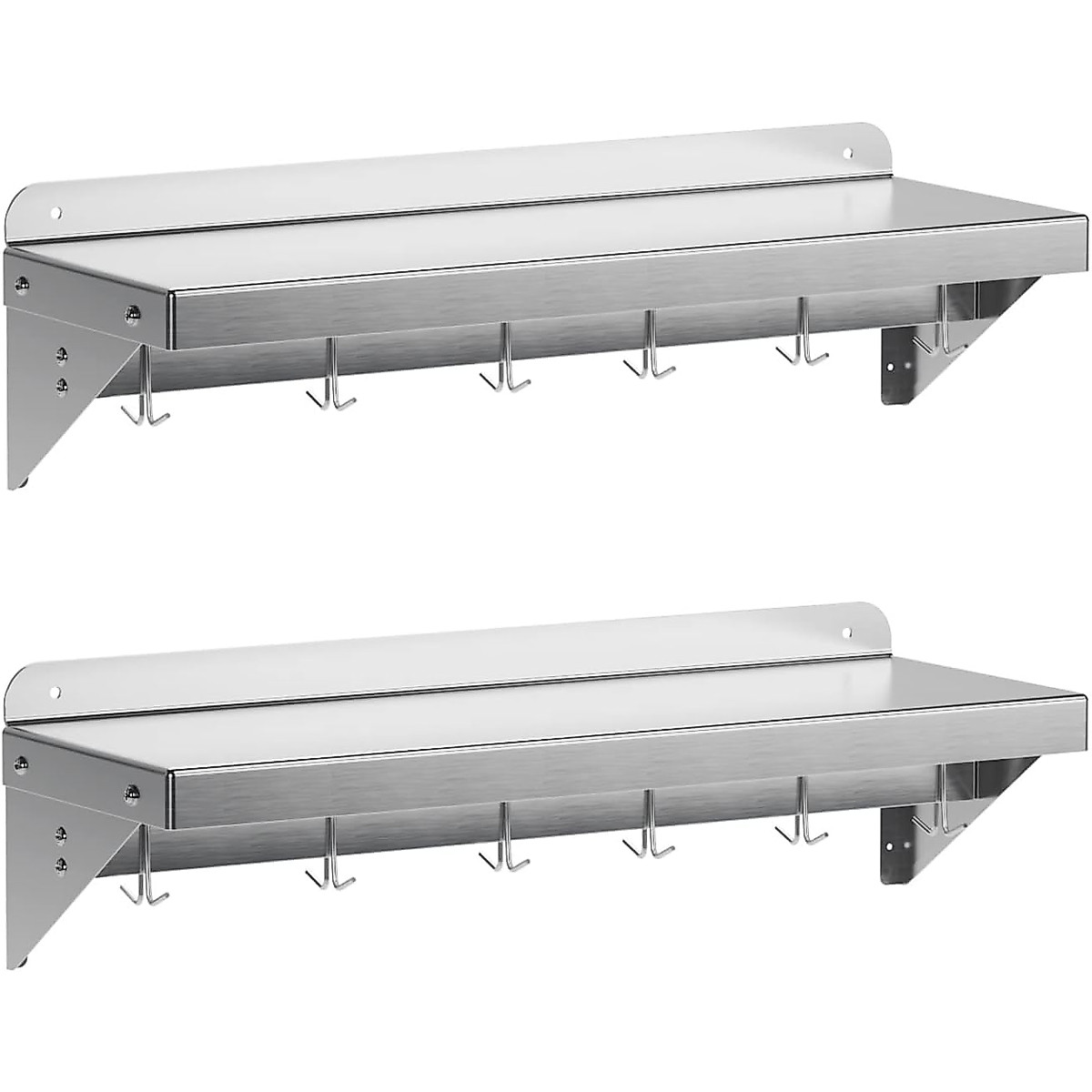 Garvee 2 Pack 12" x 36" Stainless Steel Wall Mount Shelf NSF Certified with 6 Hooks Metal Multifunctional Storage Rack with Backplash for Hanging Pots, Pans,cookware in Home and