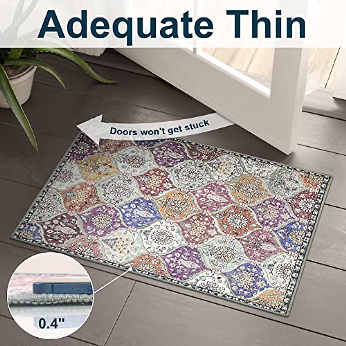 Beeiva Entryway Throw Small Rug Non Slip Rug, Moroccan Floral 2X3 Doorway Bathroom Washable Rug Floor Carpet for Doorway, Vintage Distressed Non-Shedding Kitchen Rug for Bedroom Entryway