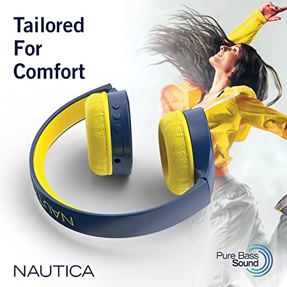 Nautica H120 Bluetooth Headphones, On-Ear Wireless Headphones with Built-in Microphone Bluetooth v5.0 Wireless and Wired Stereo Headset with Deep Bass, Foldable Over-Ear Headphones (Navy Yellow)