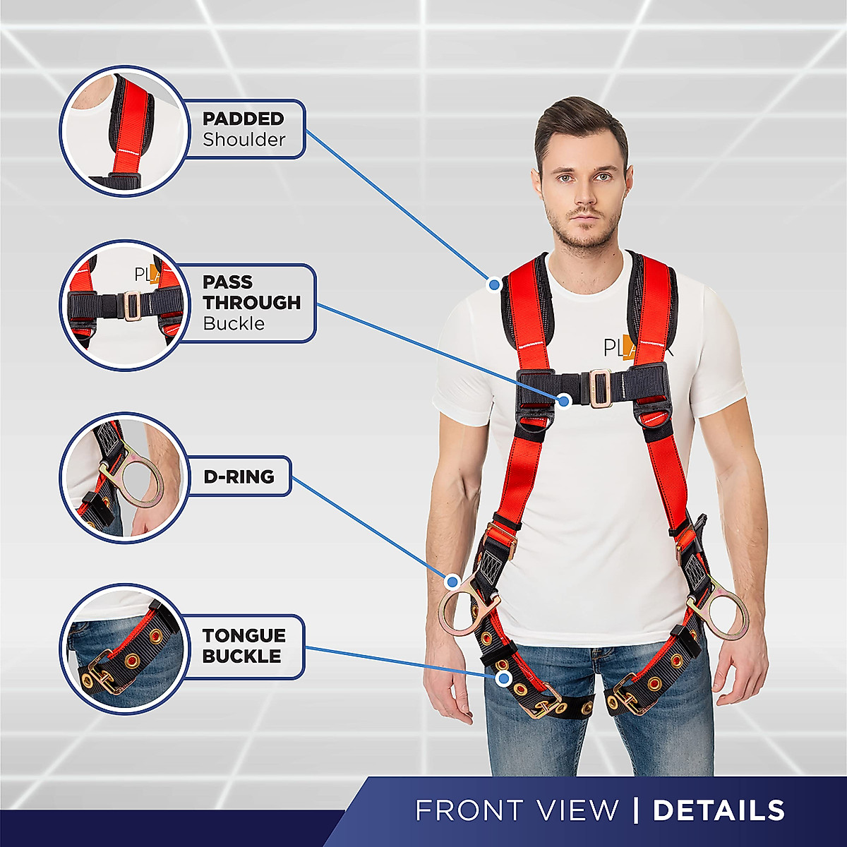 Palmer Safety ATERET Fall Protection 5pt Safety Harness, 3D-ring, Quick-Connect Buckle, Grommet Legs, Sewn in Back Pad I OSHA ANSI Compliant Personal Equipment (Red - Universal), (H222100111)
