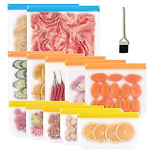 NIKUY Reusable Food Storage Bags- 12 Pack BPA Free Flat Freezer Bags (2 Reusable Gallon Bags & 5 Leakproof Reusable Sandwich Bags & 5 Small Kids Snack Bags) for Meat Veggies Fruit