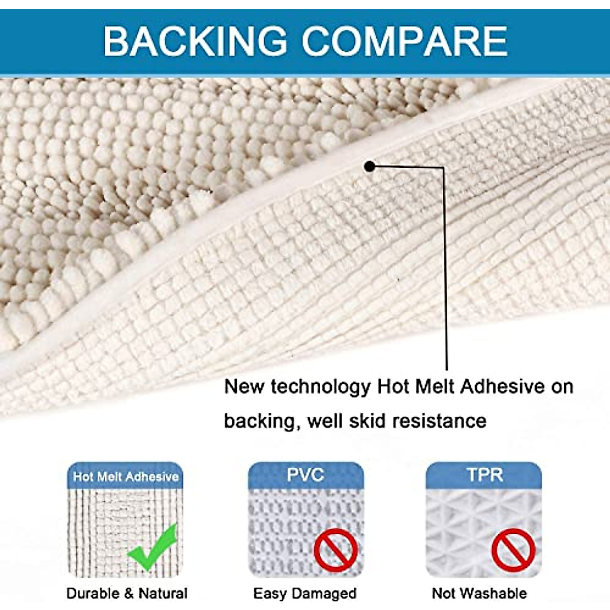 H.VERSAILTEX Bathroom Rugs Bath Rugs for Bathroom Non Slip Bath Mats Extra Thick Chenille Striped Rug 17" x 24" Absorbent Soft Shaggy Washable Dry Fast Bath Mats for Bathroom Floor - Ivory