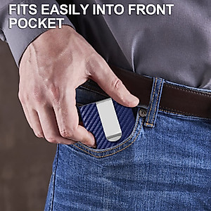 SLUKULU Slim Wallet for Men with Money Clip and Credit Card Holder, RFID Blocking Carbon Fiber Wallet,Minimalist Pop-Up Metal Front Pocket Wallet.(Blue)
