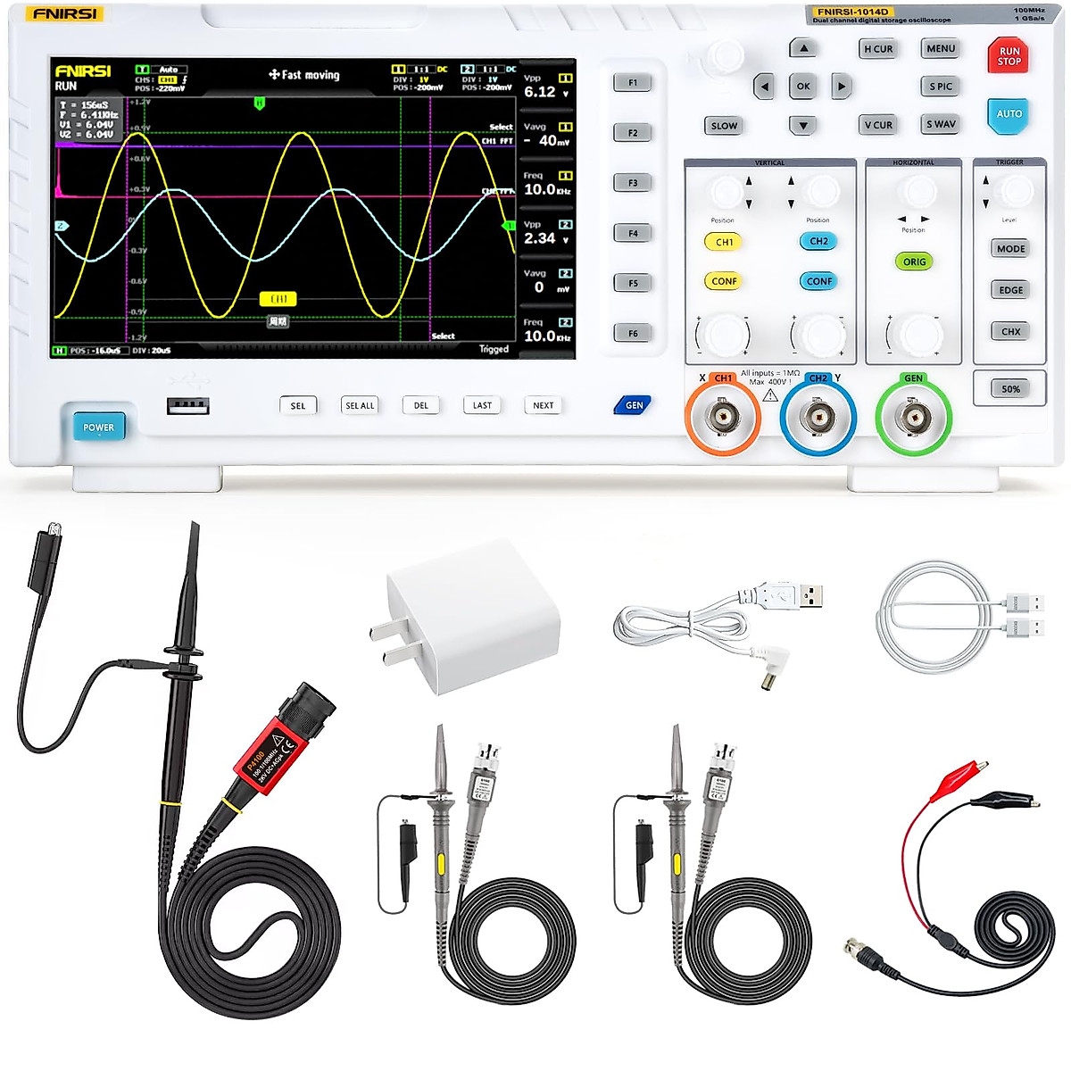 FNIRSI 1014D Oscilloscope 2 in 1 Digital Oscilloscope DDS Signal Generator, 100X High Voltage Probe, 2 Channels 100Mhz Bandwidth 1GSa/s Sampling Rate Built-in 1GB Storage Space