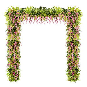 Dolicer 4Pcs 6.6Feet Artificial Flowers Silk Wisteria Garland Artificial Wisteria Vine Rattan Silk Hanging Flower for Home Garden Outdoor Ceremony Wedding Arch Floral Decor, Purplish Red