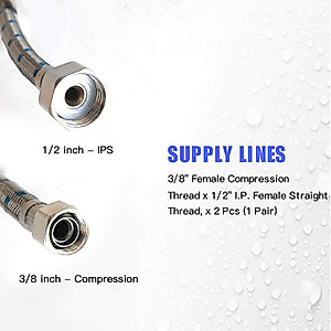BATHLAVISH 32-Inch Length Bathroom Kitchen Faucet Connector, Braided Stainless Steel - 3/8" Female Compression Thread x 1/2" I.P. Female Straight Thread, x 2 Pcs (1 Pair)
