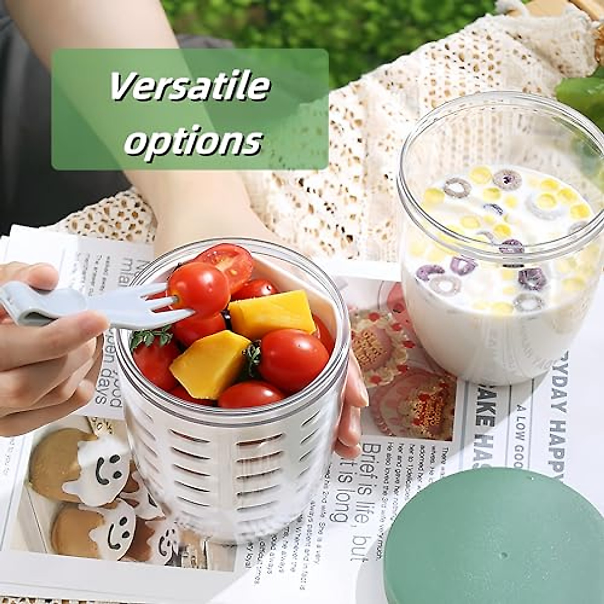 Koweea Fruit Containers for Fridge 20 oz Fruit Salad Storage Cup With lids and Fork Container with Strainer, Leakproof & Portable, Keep Fruit Fresh