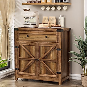 YESHOMY Coffee Bar and Accent Cabinet, Farmhouse Barn Door Buffet Sideboard with Drawer and Adjustable Shelf, Wide Desktop for Kitchen, Dining Room, Bathroom, Entryway, Brown
