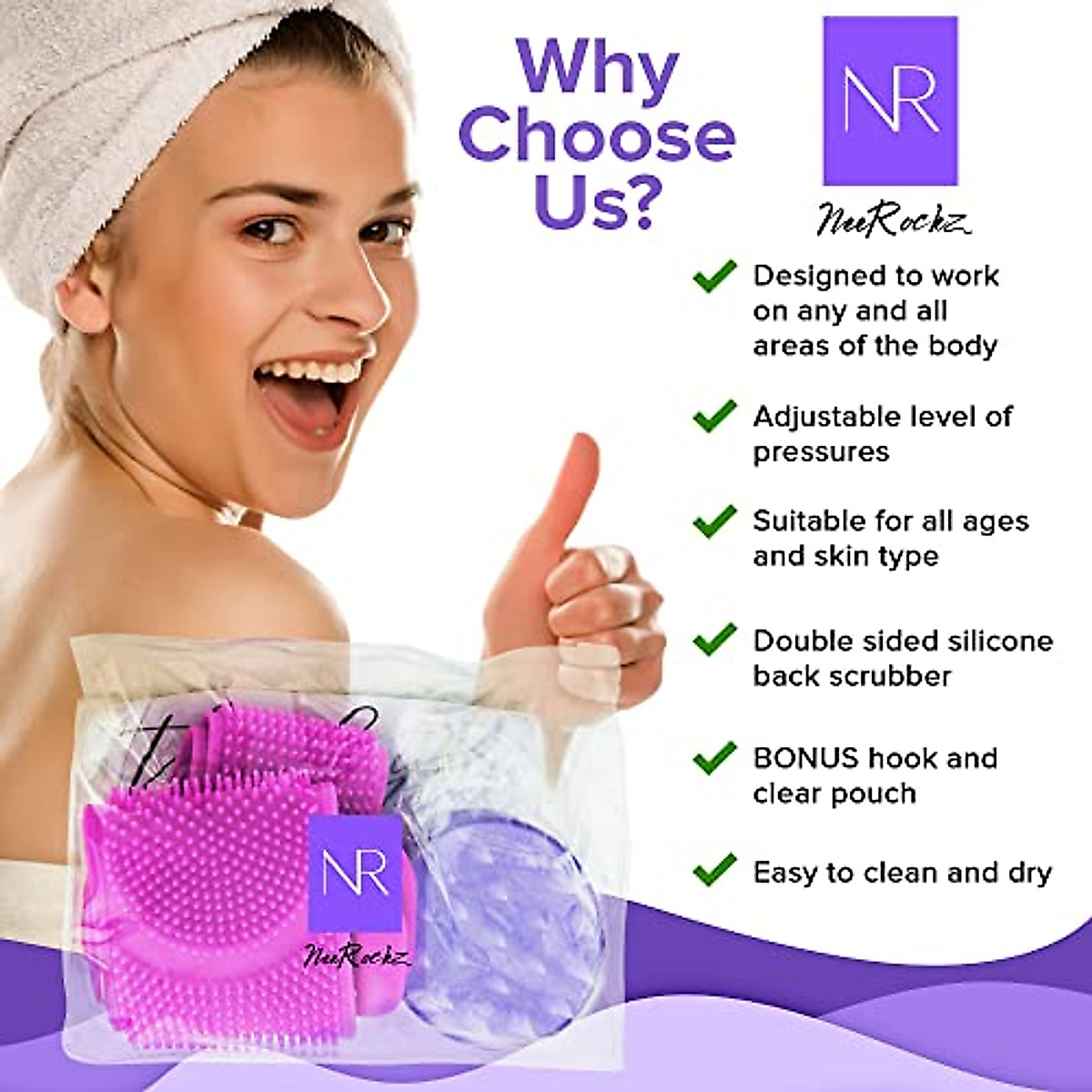 NeeRockz - Silicone Body Scrubber and Scalp Massager Set, 3-Inch Scalp Exfoliator and Dual-Sided 31.5-Inch Back Scrubber for Shower, Ergonomic Hair Massager and Bath Scrubber