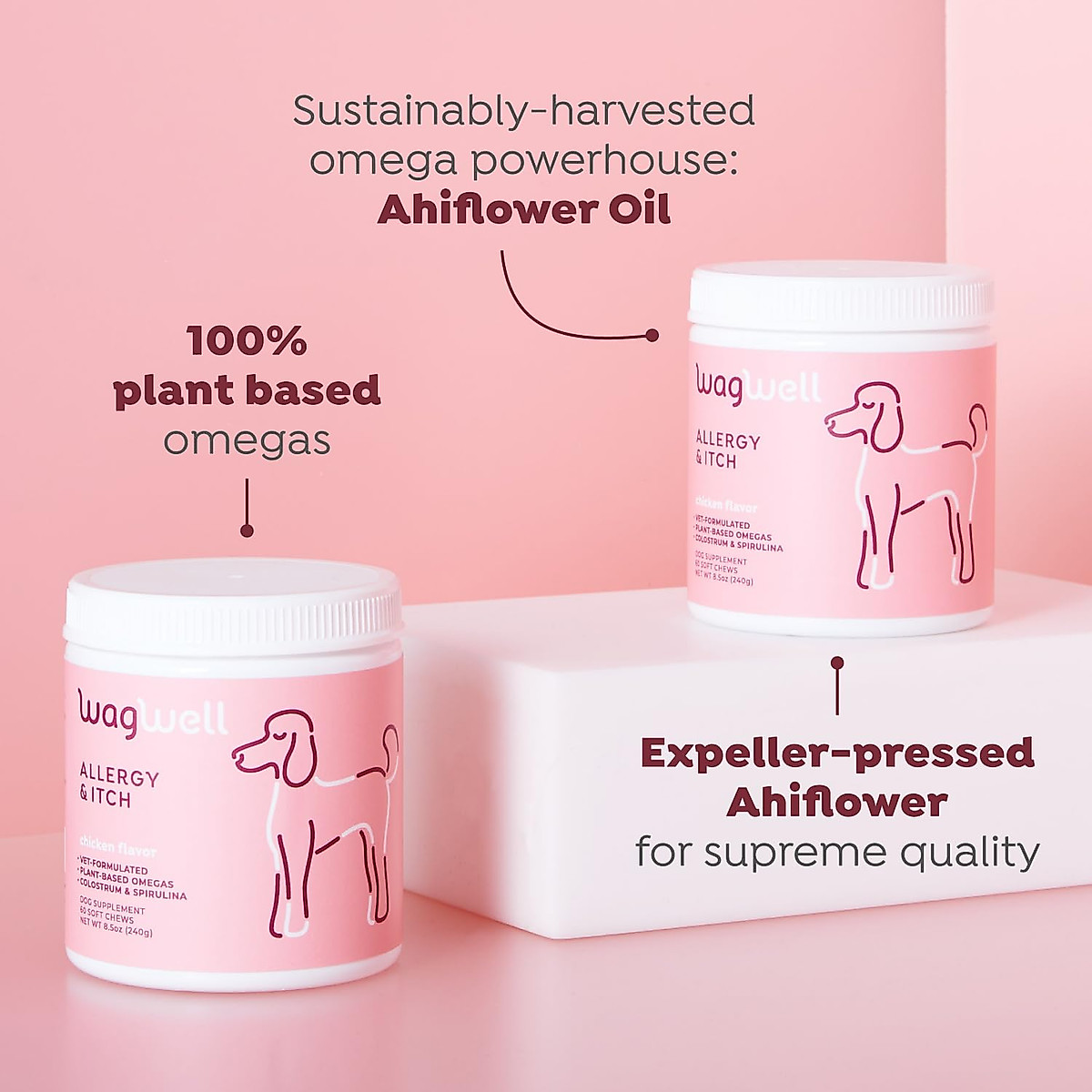 WagWell Allergy and Itch Chews – Chicken Flavored Dog Allergy Chews – Plant Based Dog Chews with Colostrum and Spirulina – Dog Skin and Coat Supplement for Itch Relief and Digestive Health, 60 Chews