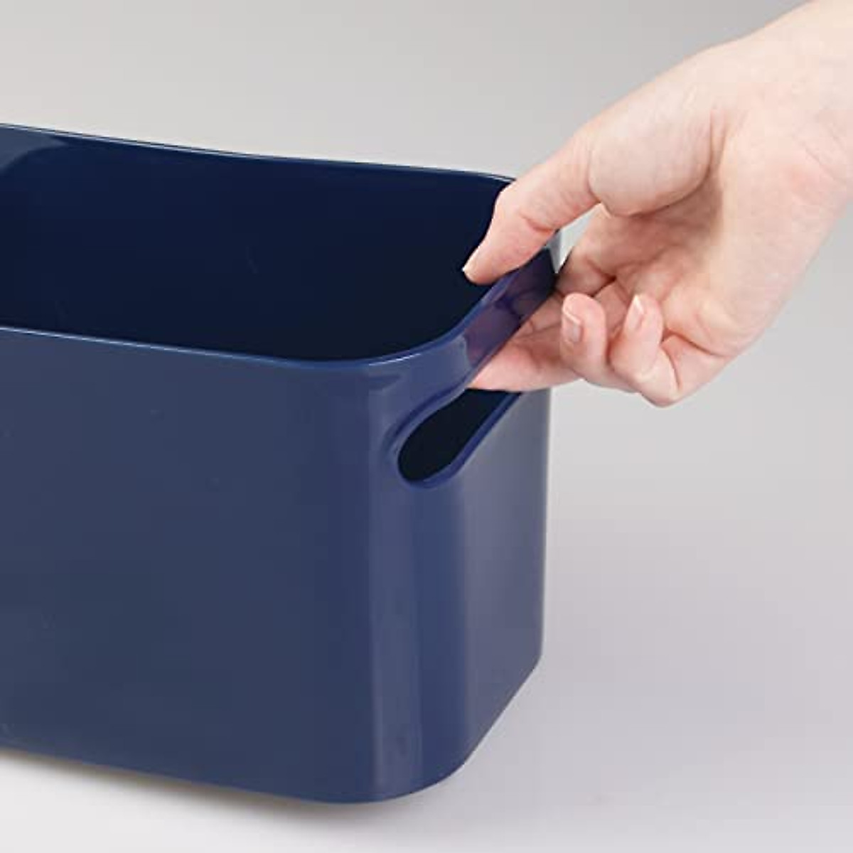 mDesign Deep Plastic Bathroom Vanity Storage Bin with Handles - Organizer for Hand Soap, Body Wash, Shampoo, Lotion, Conditioner, Hand Towel, Hair Brush, Mouthwash - 10" Long, 8 Pack - Navy Blue