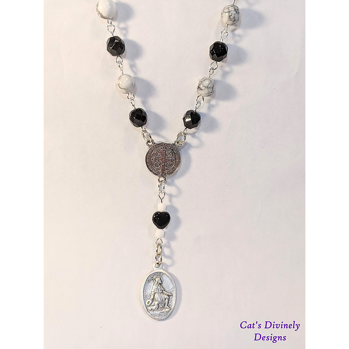 St. Rocco White Howlite & Jet Black Car/Vehicle Rosary
