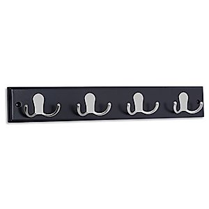 BirdRock Home Dual Hook Coat and Hat Rack - 4 Dual Hooks - 17 Inches - Wall Mount - Decorative Home Storage - Entryway Foyer Hallway Bathroom Bedroom Rail - Satin Nickel Hooks - Black Pine Bathroom Ra