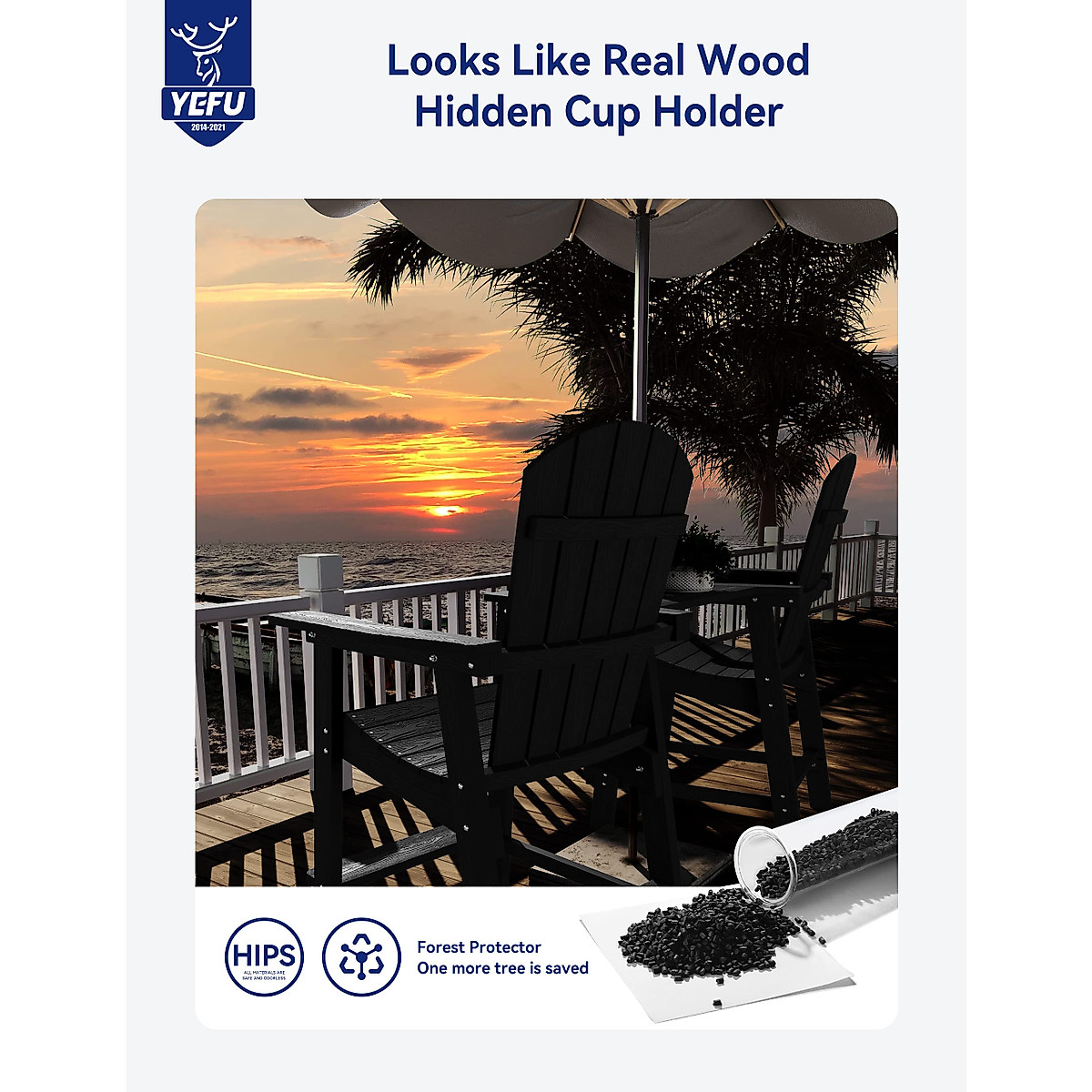 YEFU Balcony Chair, Tall Adirondack Chair Set of 2 with Connecting Tray, Poly Lumber Adirondack Chair Bar Stools, Patio Stools, 380lbs, Weather Resistant for Outdoor Deck Lawn Pool Backyard-Black