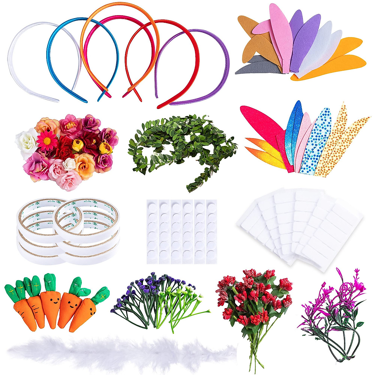 Klever Kits 6 Packs Easter Bunny Headbands Craft Kits Easter Rabbit Bunny Ears Flower Crown Headbands for Kids, Make Your Own Headband for Girls Easter Arts & Crafts Party Supplies, Easter Decorations