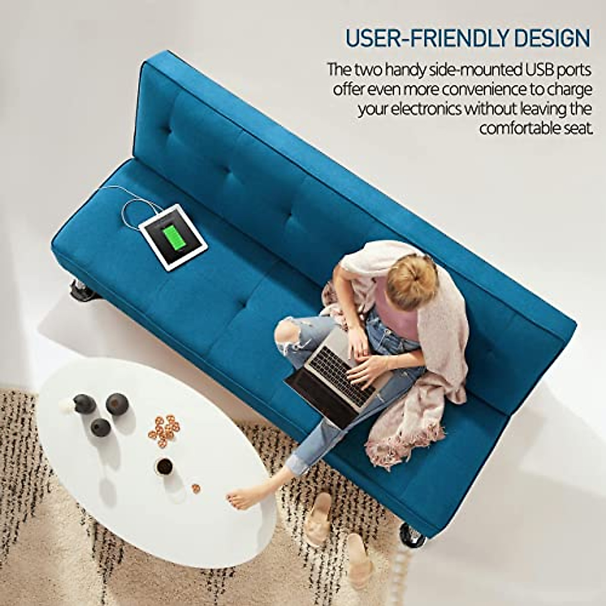 Yaheetech Modern Convertible Futon Sofa Bed w/ 2 Integrated USB Charging Ports Fabric Loveseat Couch Metal Legs, 3 Angles Adjustable Back for Compact Living Space, Apartment, Dorm, Bonus Room Blue