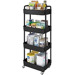 Laiensia 4-Tier Storage Cart,Multifunction Utility Rolling Cart Kitchen Storage Organizer,Mobile Shelving Unit Cart with Lockable Wheels for Bathroom,Laundry,Living Room,With Classified Stickers,Black
