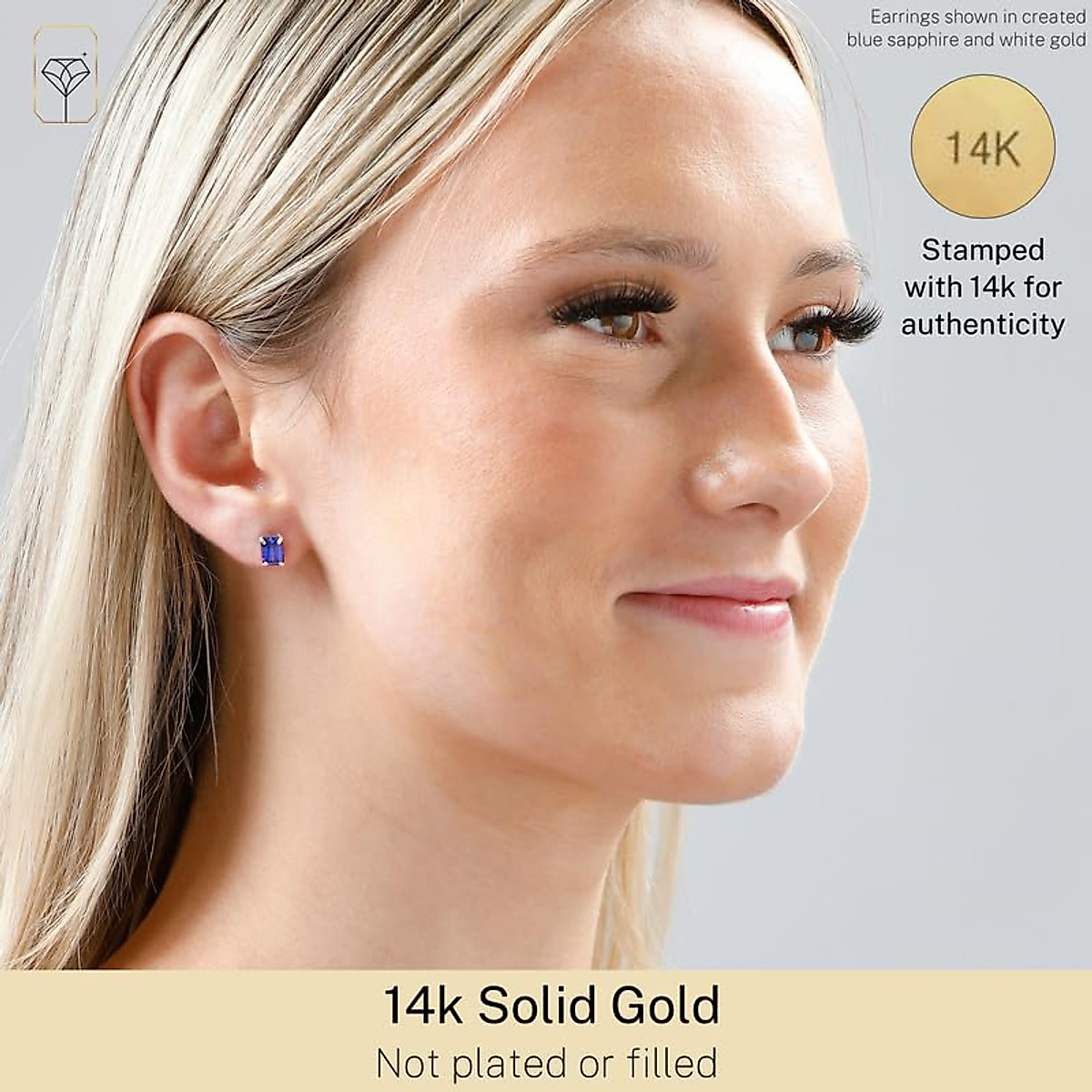 MAX + STONE 14k White Gold Solitaire Blue Aquamarine Emerald Cut Stud Earrings for Women | 7x5mm March Birthstone