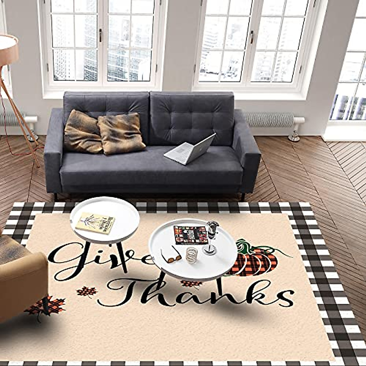 Indoor Area Rugs Thanksgiving Buffalo Pumpkin Fall Leaf Non-Slip Floor Mats Black Check Rectangular Carpet Soft Washable Rugs for Living Room/Bedroom/Hallway Home Decor - 5x7 Feet